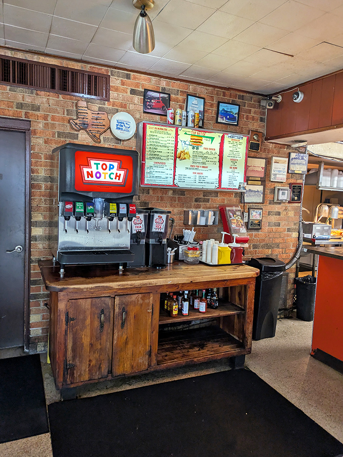 Self-serve drinks and condiments on a rustic wooden station&mdash;because sometimes you need exactly three pumps of ketchup, not two.