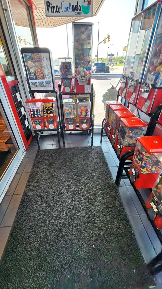 The entrance to temptation, flanked by gumball sentinels. Your willpower doesn't stand a chance.