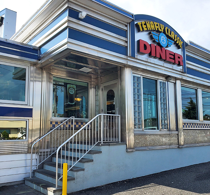 The entrance to happiness is just a few steps away, with that iconic sign promising the comfort only a true Jersey diner can deliver.