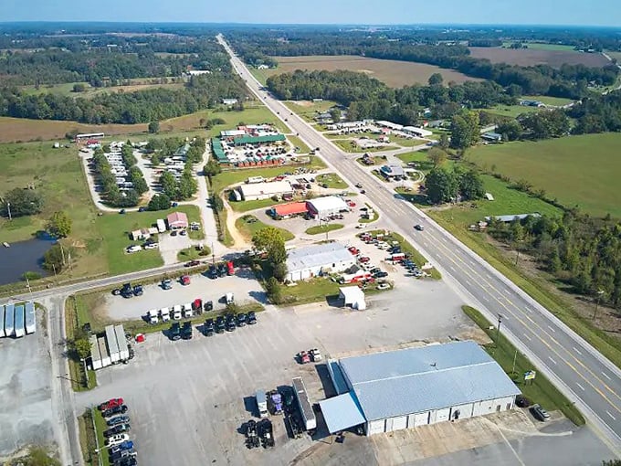 From above, Ethridge reveals itself as a modest crossroads community, where two highways meet but life moves at its own unhurried pace.