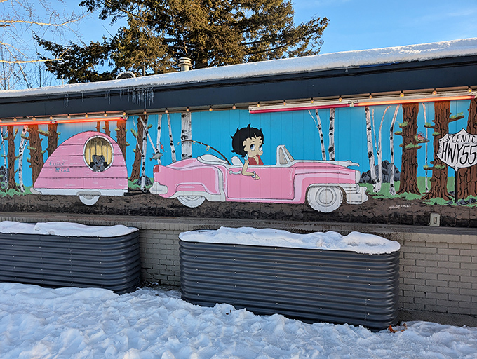 Whimsical wall art adds character to an already character-filled establishment. Even Betty Boop knows where to find burger bliss.