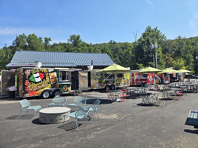 Food truck oasis with shaded seating&mdash;because serious shopping requires serious refueling. The perfect spot to debate your next retail conquest.