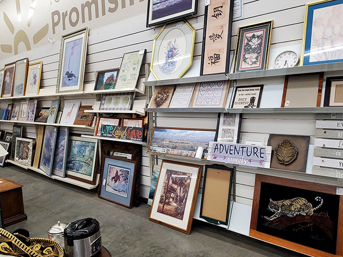 The wall of frames and artwork offers instant personality for bare walls. That tiger tapestry could become your living room's conversation starter.