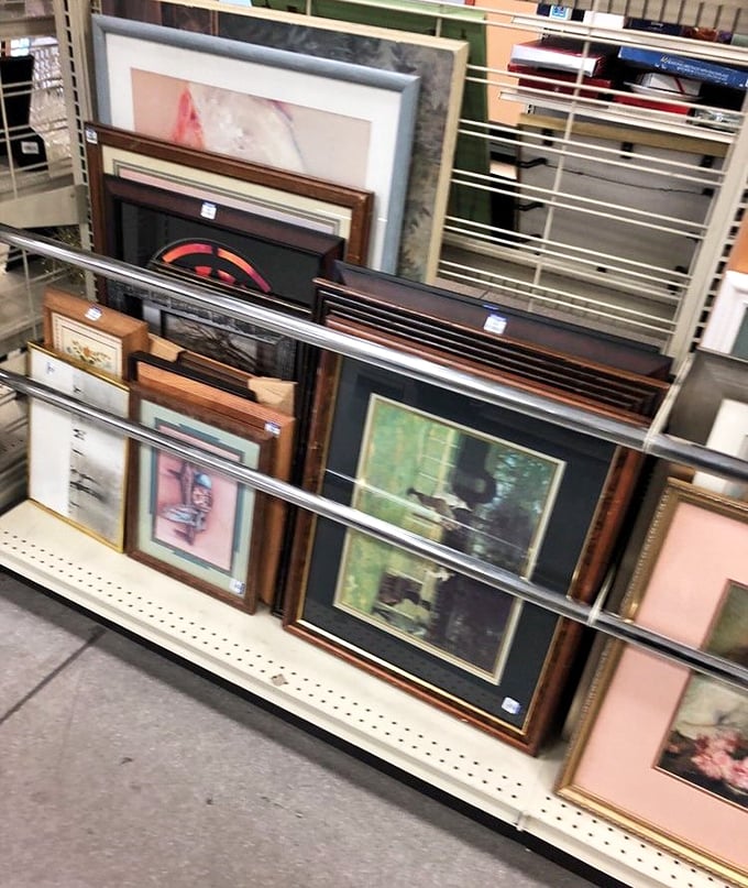 Framed art leans casually against shelves, offering instant home d&eacute;cor without the gallery prices or pretentious descriptions.