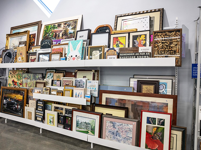 A gallery wall of forgotten art and frames—someone's discarded décor waiting to find new meaning and appreciation in your living room.