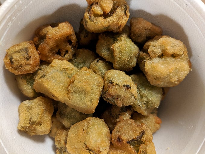 Fried okra: little nuggets of Southern tradition. Even vegetable skeptics find themselves reaching for "just one more" until the container's empty.