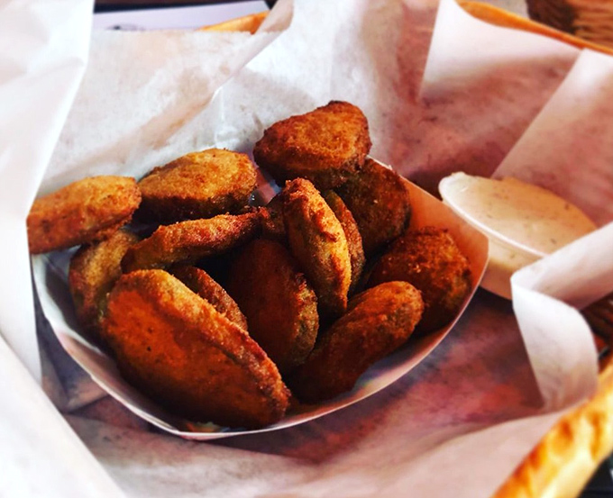 Fried pickle chips &ndash; tangy, crunchy discs of joy. The perfect bar snack that makes you wonder why we ever ate pickles any other way.
