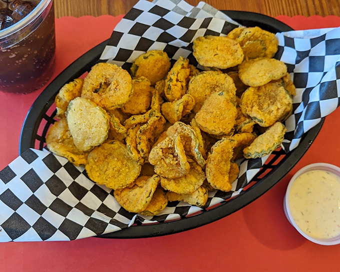 Fried pickles: crunchy, tangy perfection. These golden discs of dill delight are the South's greatest contribution to appetizer science.