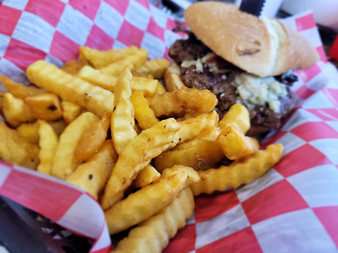 Golden, crispy, perfectly seasoned fries alongside what appears to be BBQ nirvana. Some side dishes refuse to be overshadowed by the main event.