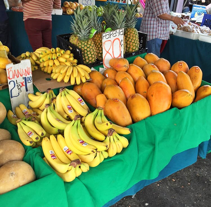Fruit stand freshness under the California sun. These papayas and bananas traveled less distance to get here than you did.