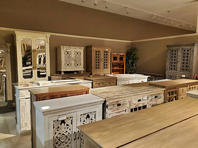 Farmhouse chic meets rustic elegance in this furniture display that proves good design doesn't require a second mortgage.