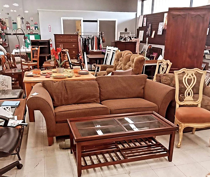 The furniture section: where mid-century meets contemporary meets vintage, and your dream living room setup costs less than one new designer chair.