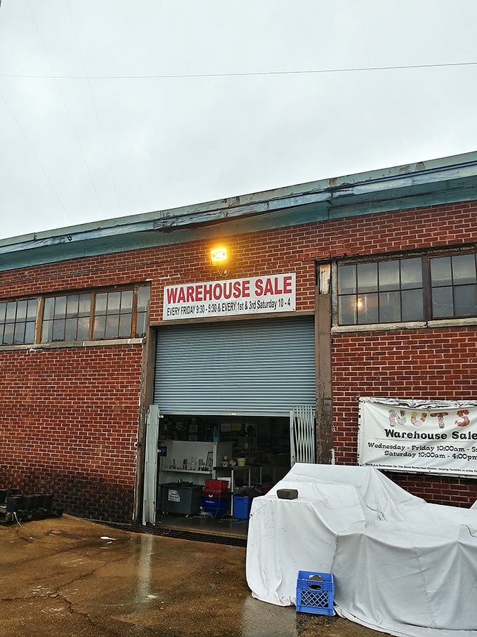 The warehouse entrance: where serious bargain hunters gather for the weekly ritual of treasure hunting at its finest.