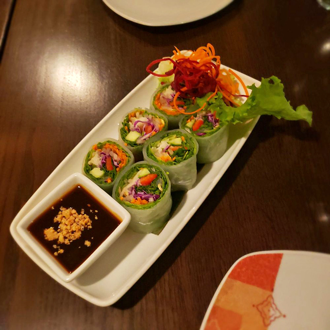 Fresh garden rolls: nature's perfect little packages of crunch and color. That dipping sauce deserves its own fan club.