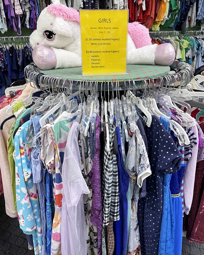 Girls' clothing arranged by size and type, with prices that'll make you do a double-take. That pink unicorn plush is just supervising the incredible deals.