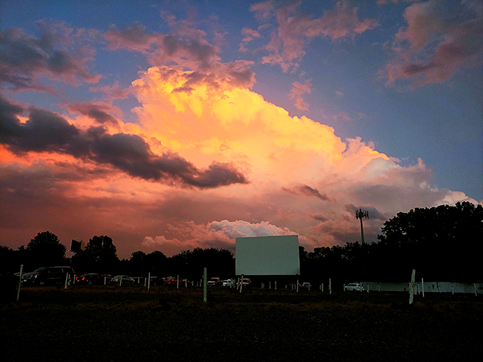 Nature provides its own spectacular show as sunset paints the sky above the screen. The perfect prelude to movie night.