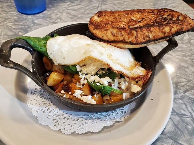 A skillet that tells a Mediterranean story with Vermont ingredients. That sunny-side egg is the morning sun rising over a delicious landscape.