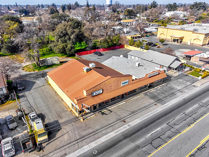 An aerial view reveals Gridley's compact downtown, where everything you need sits within easy reach&mdash;the ultimate retirement convenience.