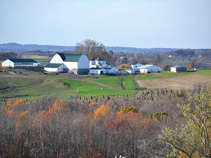 Rolling hills dotted with white farmhouses and silos create a landscape that belongs on jigsaw puzzles and desktop backgrounds everywhere.