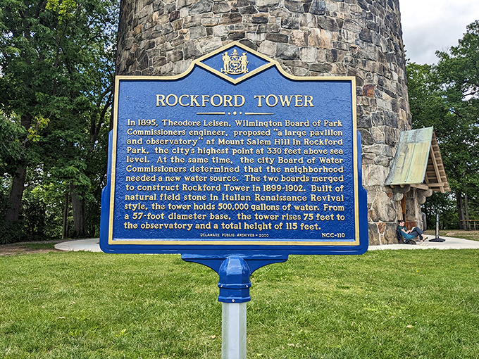 History buffs rejoice! This marker reveals the tower's clever origin story—when city planners combined water storage with sightseeing in one magnificent structure.