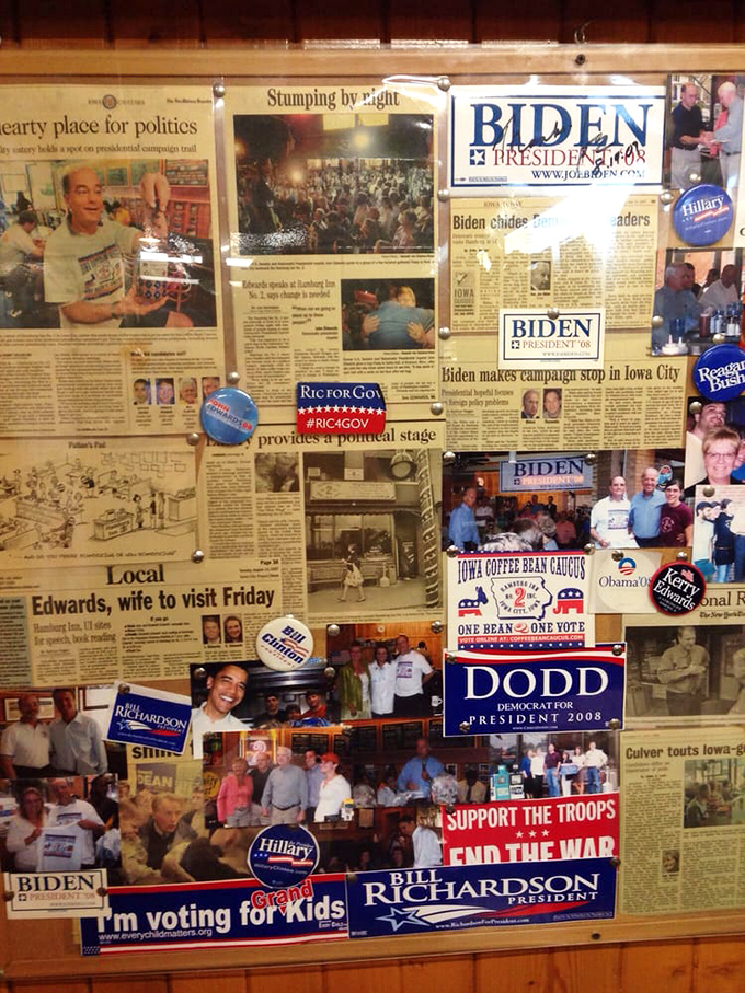 This political memorabilia wall tells the story of Hamburg Inn's unique place in American democracy—where presidential hopefuls must pass the breakfast test before passing primaries.