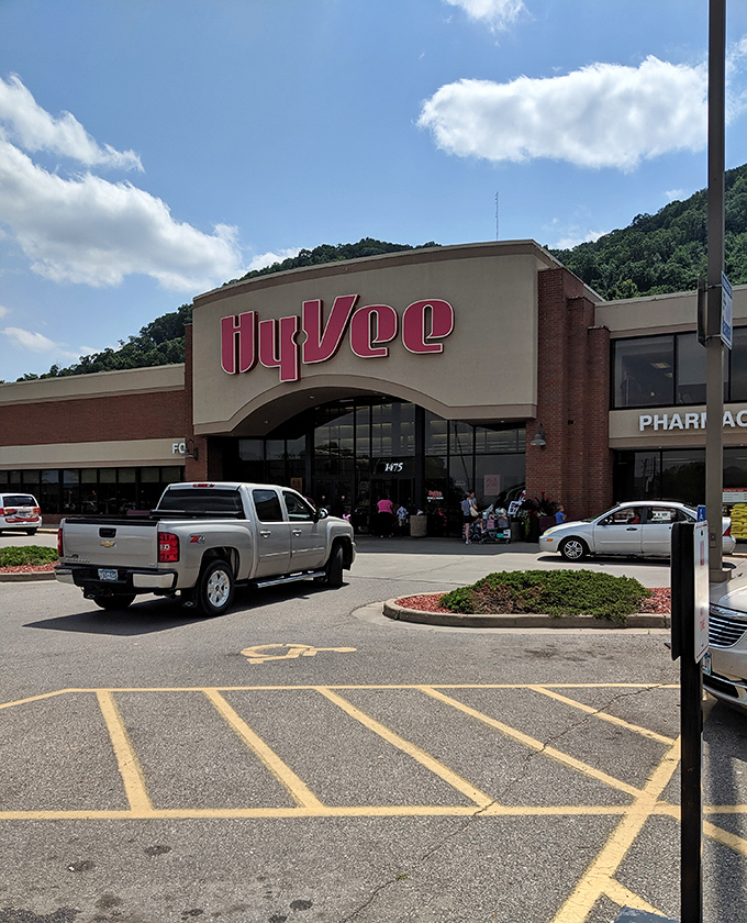 The Hy-Vee grocery store, backed by bluffs that remind shoppers they're in a special geographical pocket, keeps essentials affordable for residents.