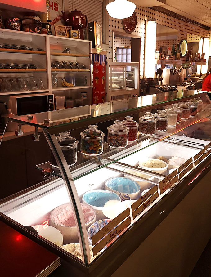 The ice cream display case&mdash;a frozen wonderland of homemade possibilities. Those candy jars standing guard ensure your sweet tooth has multiple satisfaction options.