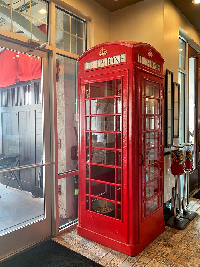 A classic British phone booth stands guard inside&mdash;perhaps for emergency calls to your stomach when it demands seconds.