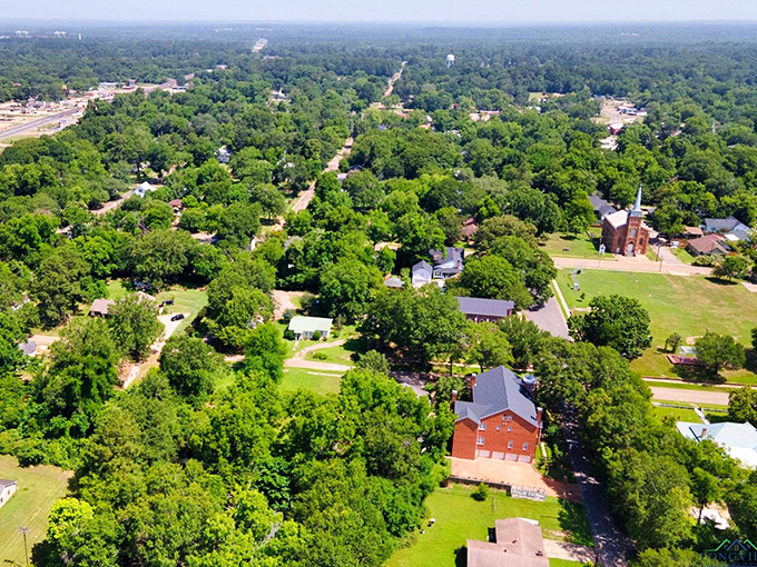 From above, Jefferson reveals itself as a perfect blend of nature and civilization, a small town cradled in the protective embrace of East Texas pines.