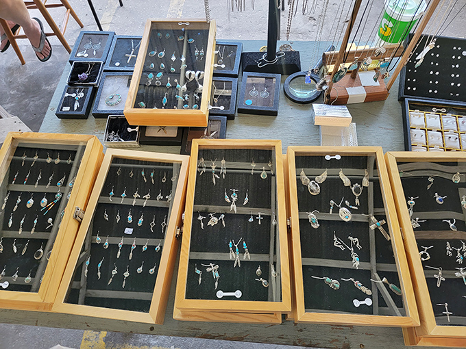 Handcrafted jewelry displayed with care. Each piece tells a story&mdash;and at flea market prices, you can afford to listen.