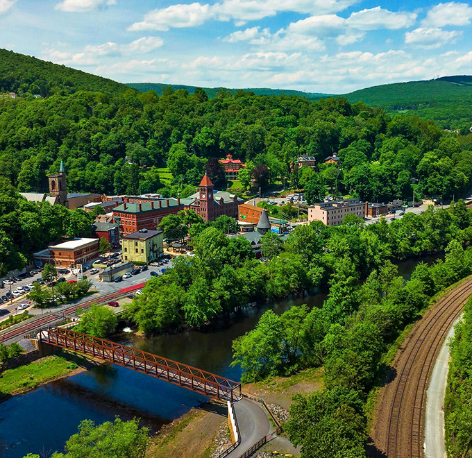 Jim Thorpe from above reveals its perfect placement&mdash;a Victorian jewel box set carefully between mountains and wrapped by the Lehigh River.