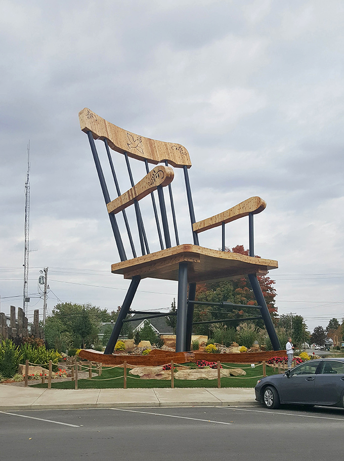 The World's Largest Rocking Chair stands ready for giants with sore feet. Sadly, Jolly Green Giant's attempts to actually rock in it have been firmly discouraged.