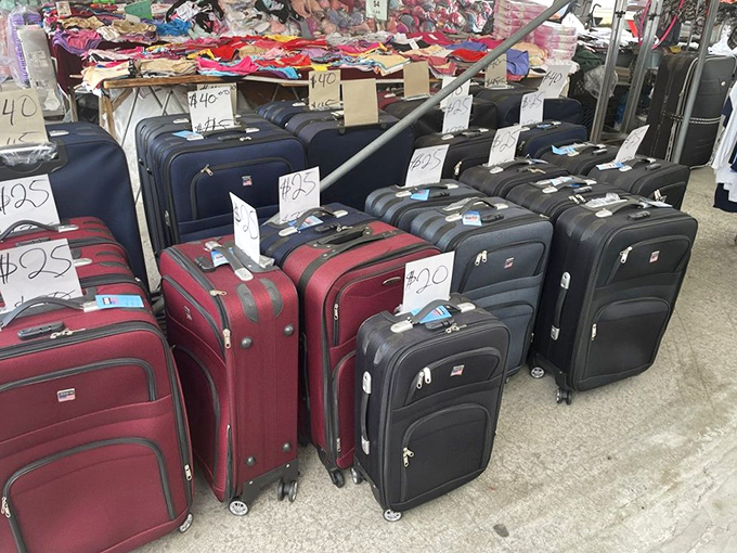 Need luggage for your next adventure? These suitcases stand at attention like colorful soldiers, ready to accompany you home filled with all your market treasures.