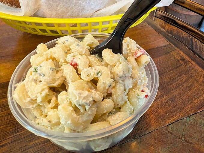 Creamy macaroni salad studded with vegetables shows that even the sides deserve your full attention and appreciation here.