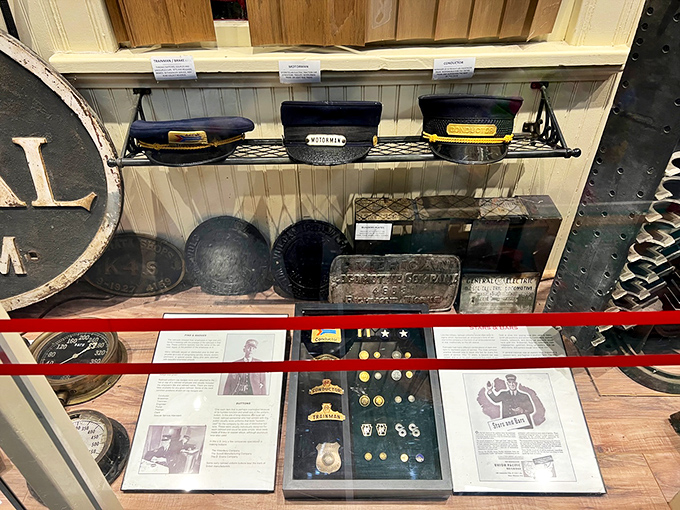 Railroad memorabilia under glass&mdash;conductor hats and badges that once signified authority on America's iron highways.