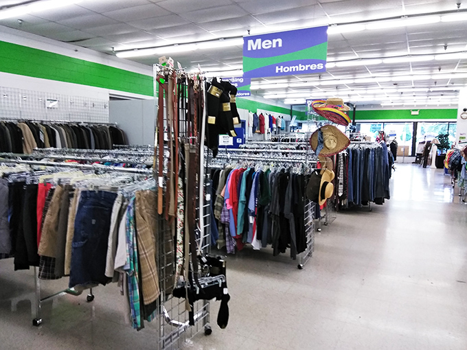 The men's section &ndash; smaller but mighty. Where button-downs and belts await their chance to upgrade someone's Zoom meeting appearance without breaking the bank.
