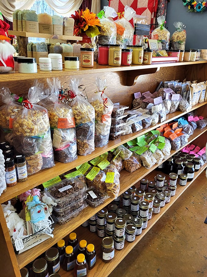 Shelves stocked with homemade jams, jellies, and baked treats&mdash;take-home reminders that this meal was definitely worth the drive today.
