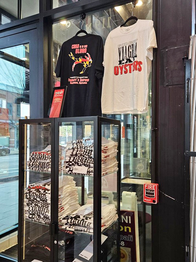 Merchandise that lets you take home bragging rights. That "Viagra for Oysters" shirt subtly announces your excellent taste in seafood.