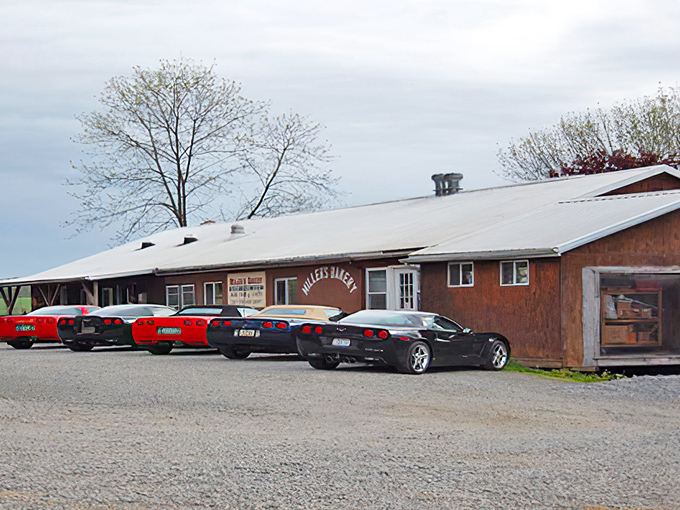 Corvettes lined up outside Miller's Bakery&mdash;proof that even the fastest among us slow down for homemade pie. Speed meets sweet in perfect harmony.