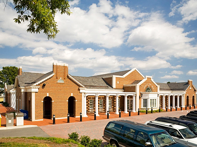 The Mooresville Public Library's classic brick architecture houses modern resources in a building that says "knowledge" without shouting it.