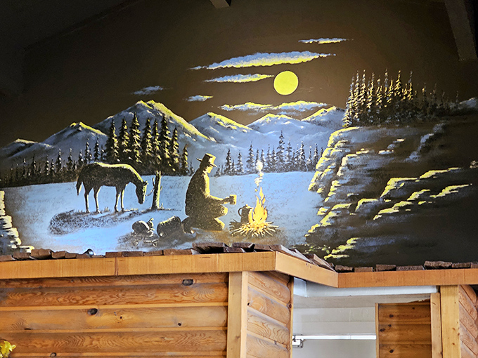 The cowboy mural watches over diners like a painted guardian. Under that Arizona moon, even painted campfires feel warm.