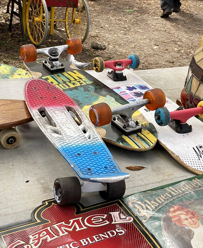 Vintage skateboards that have seen better days &ndash; now retired from half-pipes to become wall art for nostalgic Gen-Xers with disposable income.