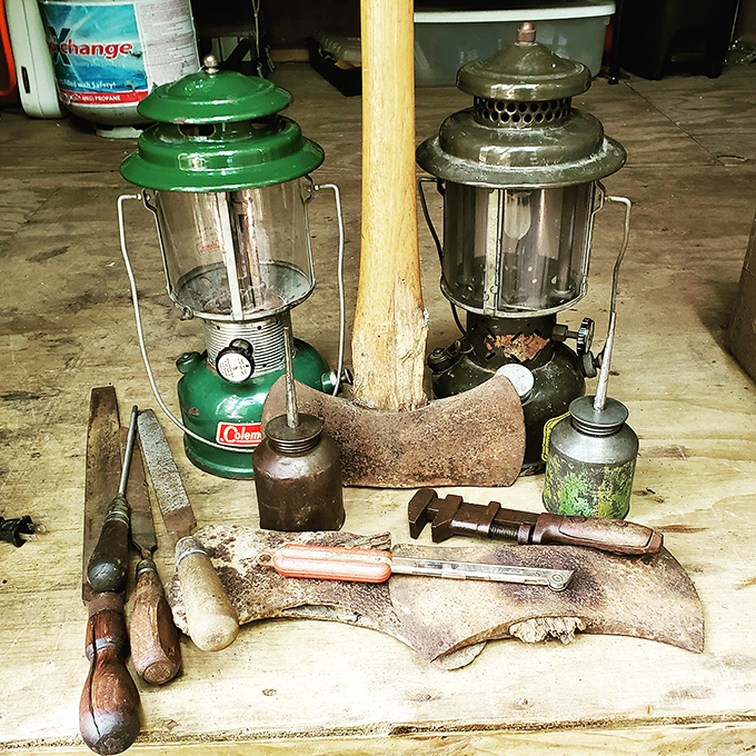 Tools with history. Those Coleman lanterns have probably illuminated more camping trips and power outages than they could ever tell.