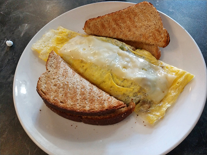 The perfect omelet reveals itself: cheese melting over the top like a sunrise, paired with toast that's achieved golden-brown nirvana.