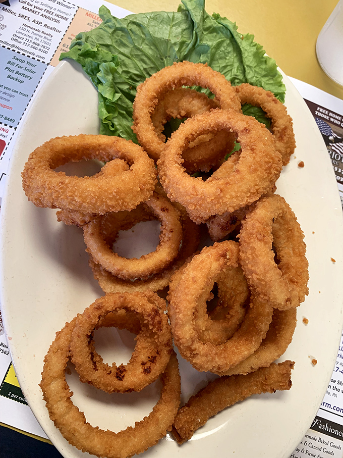 Golden-brown onion rings stacked high on crisp lettuce – the perfect crunchy counterpoint to the restaurant's heartier offerings.