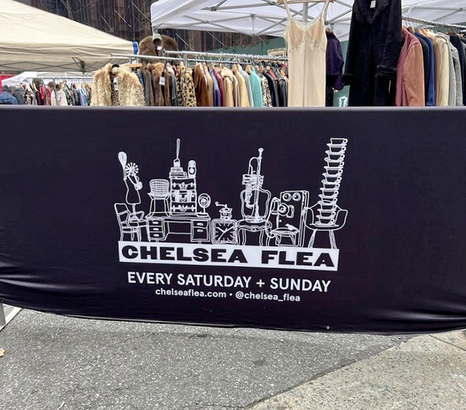 The sign says it all—Chelsea Flea happens every weekend, rain or shine. Your next conversation piece is waiting just beyond that entrance.
