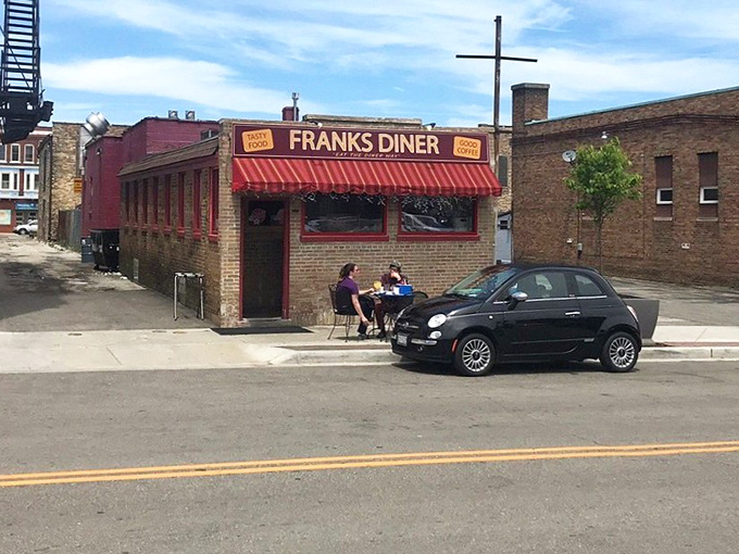 From this angle, Frank's looks like Edward Hopper's "Nighthawks" reimagined for breakfast lovers—a timeless slice of Americana nestled in Kenosha's urban landscape.