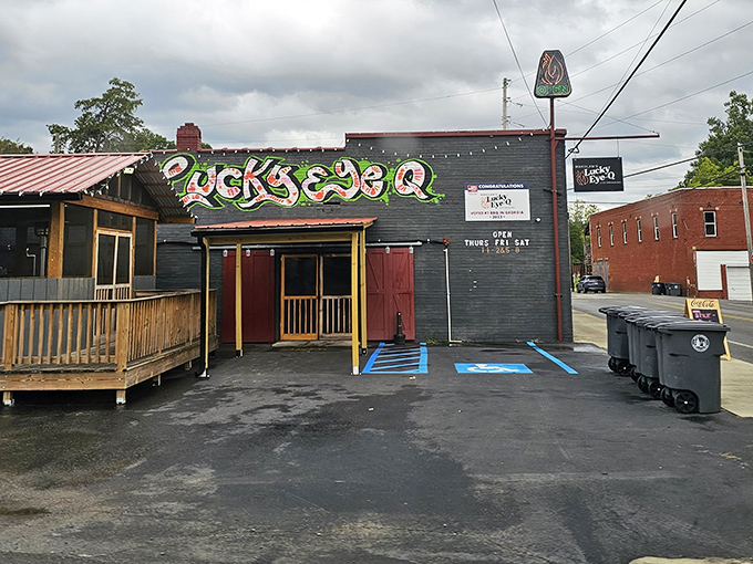 From this angle, you can almost smell the smoke wafting through LaFayette. The colorful graffiti-style sign promises flavor adventures that the building faithfully delivers.