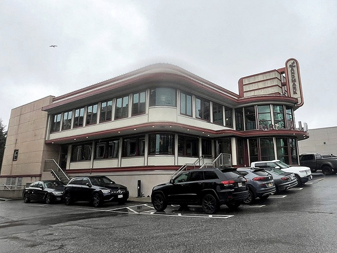 Even on a cloudy day, Landmark Diner stands as a beacon of breakfast hope—a temple of toast where morning dreams come true.
