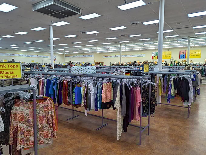 The rainbow of fabrics creates a textile tapestry where yesterday's fashion faux pas become tomorrow's vintage statement pieces.